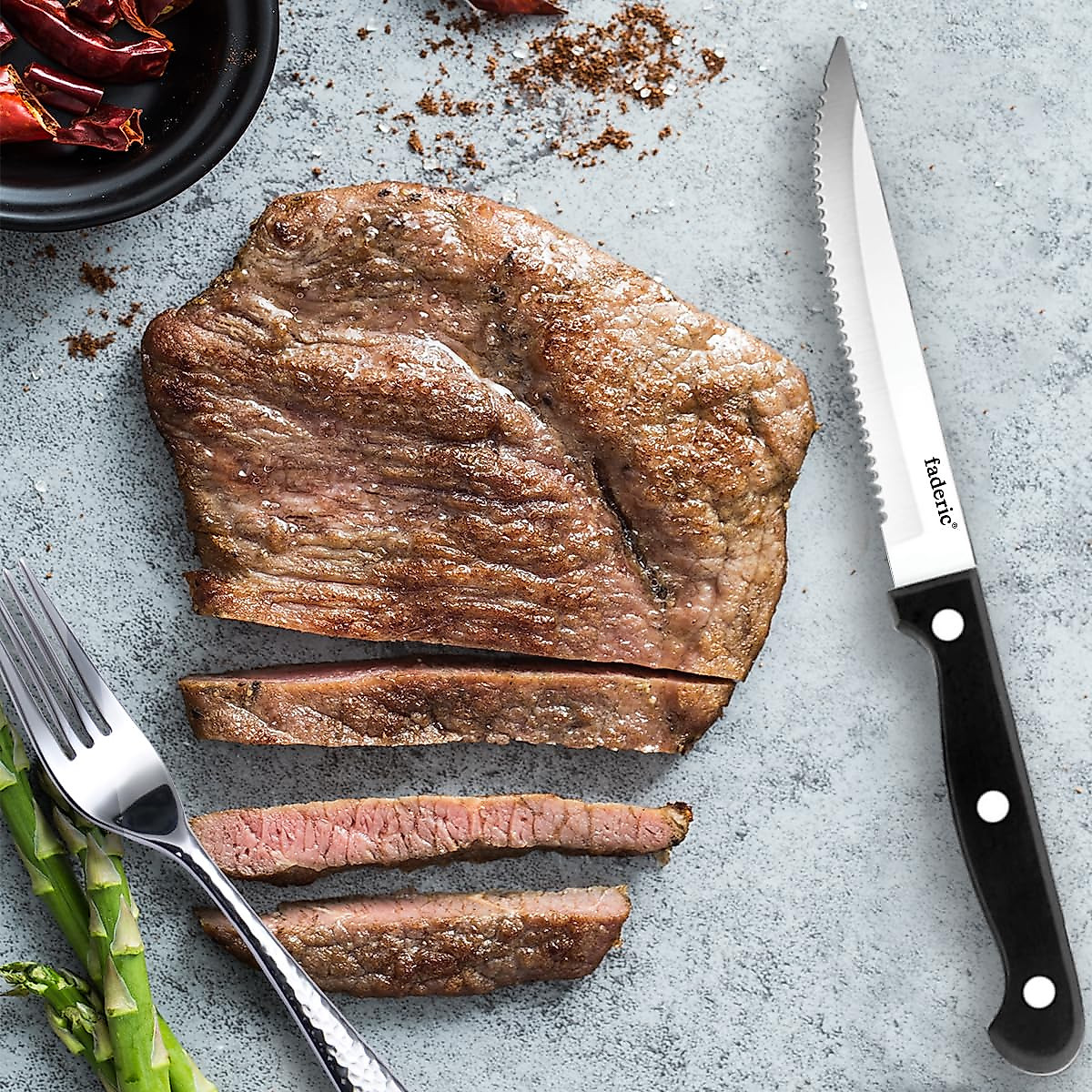 faderic 12-piece Serrated-Steak Knives, Black Full-Tang Triple Rivet Steak Knife Set,Stainless steel Sharp Blade,8.7 Inch,Dishwasher Safe