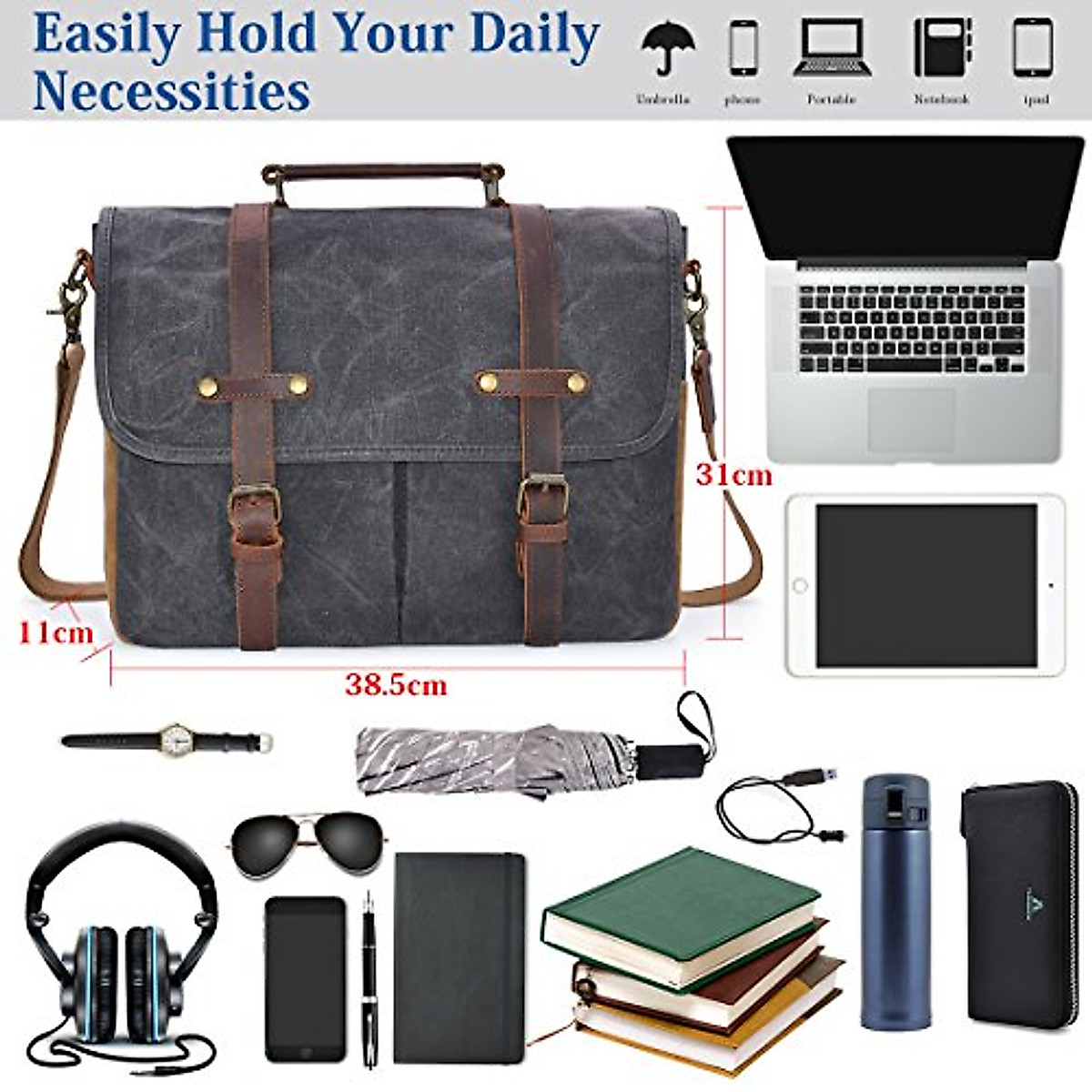 Mens Messenger Bag 15.6 Inch Waterproof Vintage Genuine Leather Waxed Canvas Briefcase Large Satchel Shoulder Bag Rugged Leather Computer Laptop Bag, Grey
