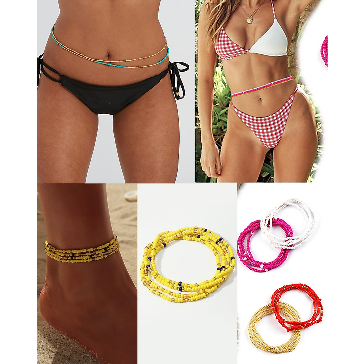 Tornito 16Pcs Belly Waist Chain Summer Jewelry Bikini Body Chain for Women African Waist Bead Set Stretchy Elastic String Multi-Color Sexy Necklace Bracelet Anklet