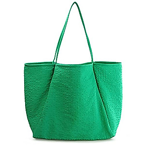 Lightweight Tote Womens Seersucker Shoulder Handbag Foldable Carryall Bag (Green)