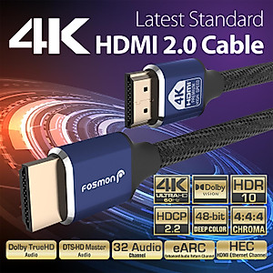 Fosmon HDMI 2.0 Cable 4K@60Hz 10ft, Premium Certified in-Wall CL3 Rated, 18Gbps Super High Speed, HDR, HDCP 2.2/1.4, 3D, ARC, 30AWG Cotton Braided Compatible with UHD TV, Monitor, Console