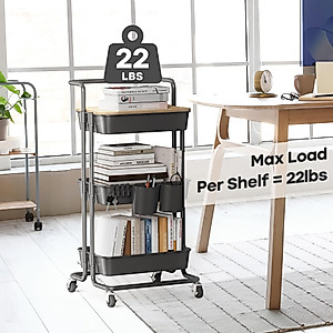 DTK 3 Tier Utility Rolling Storage Cart with Cover Board, Handle and Locking Wheels, 2 Small Baskets and 4 Hooks for Bathroom Office Balcony Living Room(Black)