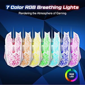 VersionTECH. Wired Gaming Mouse, Computer Mouse Ergonomic Mice with 7 LED Lights RGB Backlit, 6 Programmable Buttons, 4 Adjustable DPI for Laptop PC Gamer Desktop Chromebook Mac Games-White