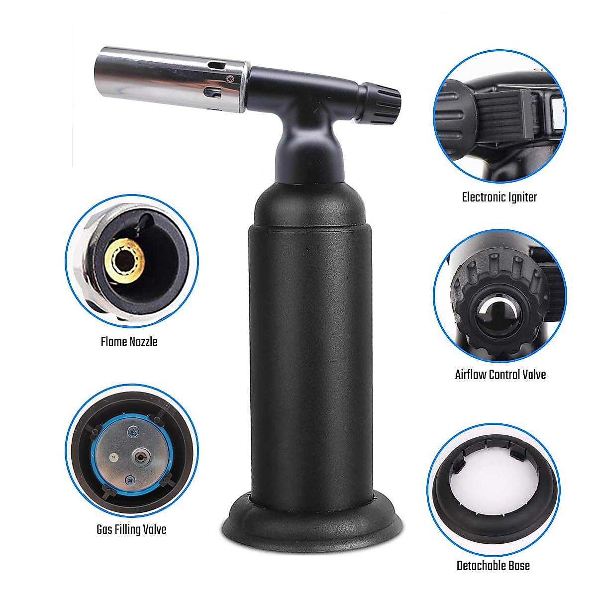 Butane Torch, JUN-L Big Blow Torch Refillable Cooking Torch Lighter, Adjustable Flame for Desserts, BBQ, Soldering with Safety Lock (Butane Gas Not Included) (Black)