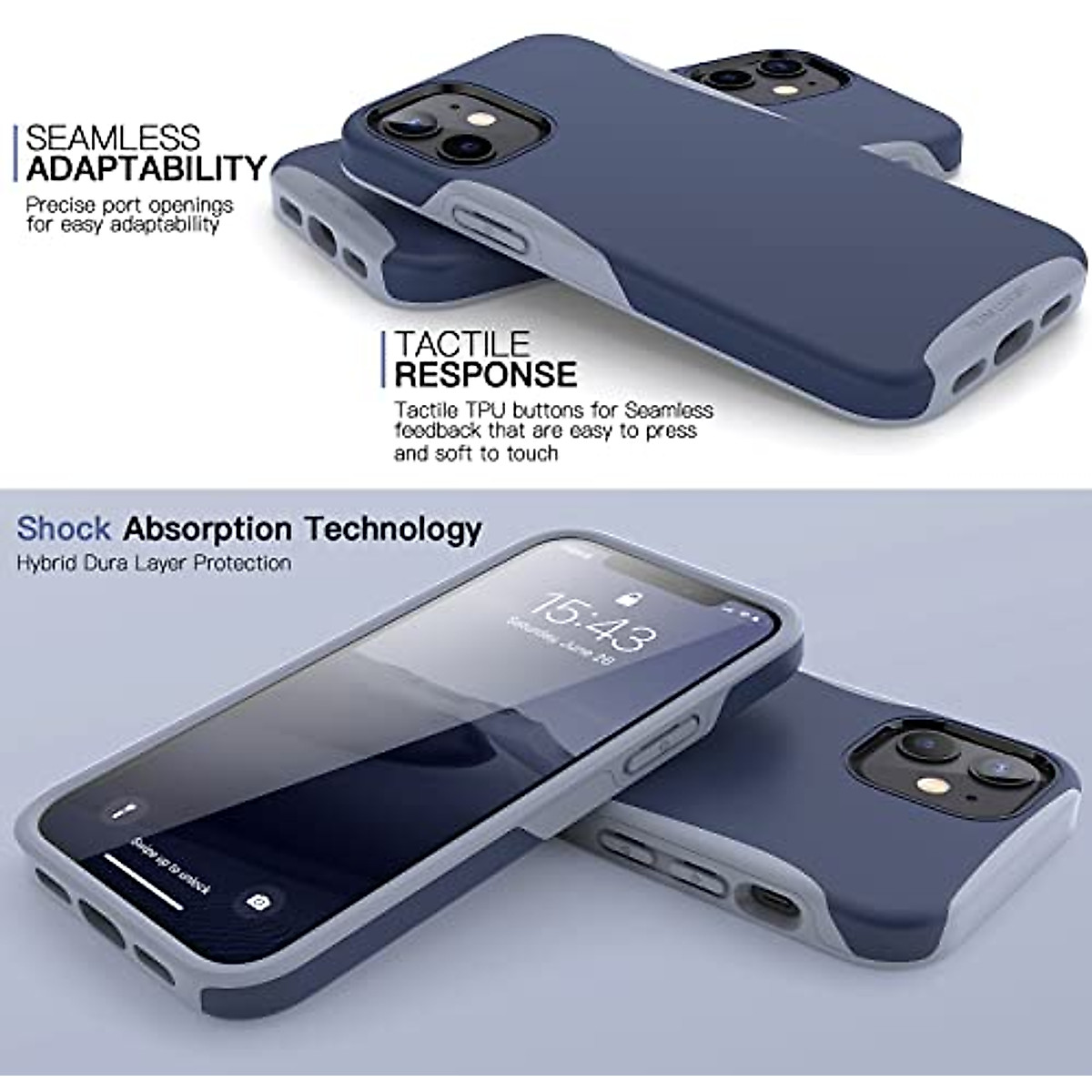 TEAM LUXURY Case Compatible with iPhone 12 Mini 5.4", Heavy Duty Shockproof Hybrid Protective Phone Cover (Dark Navy Blue/Gray)