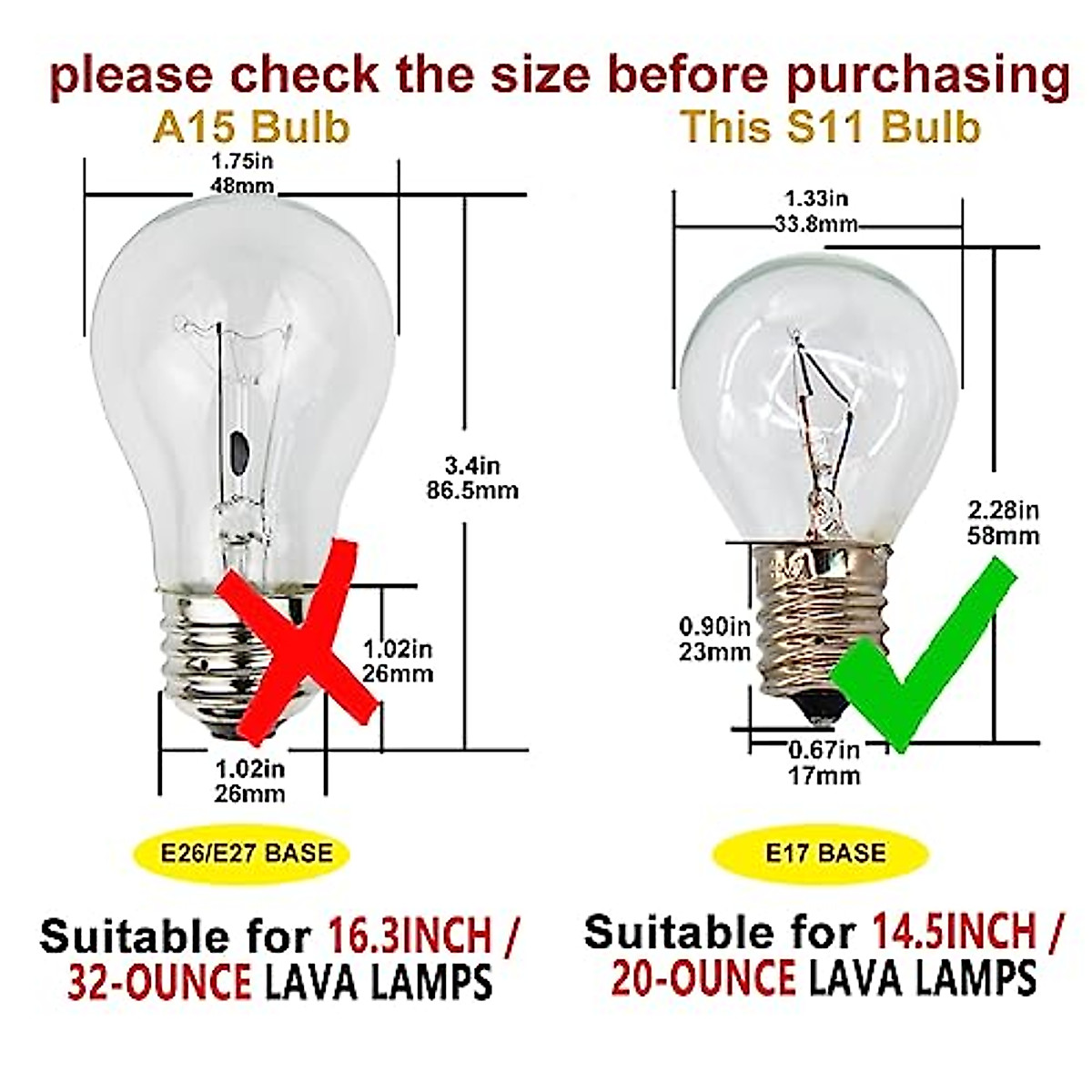 6 Pack S11 E17 Base 40 Watt Incandescent Bulbs for Lava Lamps,Replacement Bulbs for Lava Lamps,Glitter Lamps
