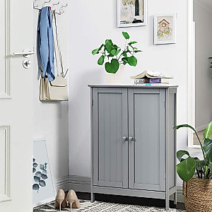 Tangkula Bathroom Floor Cabinet, Freestanding Storage Cabinet with Double Doors and Shelf, Modern Home Furniture, Wooden Home Organizer for Living Room, Bathroom Storage Cabinet, Grey