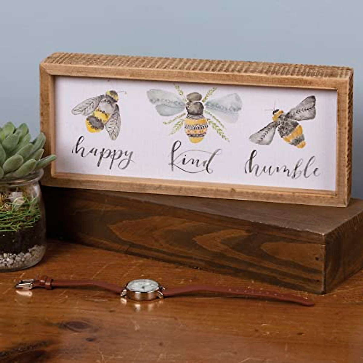 Primitives by Kathy 101758 Inset Box Sign, 10" Length x 4.25" Height x 1.75" Width, Bees - Happy, Kind, Humble