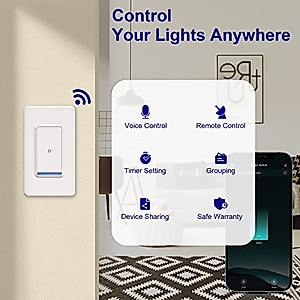 CRESTIN Smart Switch, 2.4GHz WiFi & Bluetooth Smart Light Switch Works with Alexa & Google Assistant, Neutral Wire Needed, Remote Control & Timer, Single Pole, FCC Certified, No Hub Required (1 Pack)