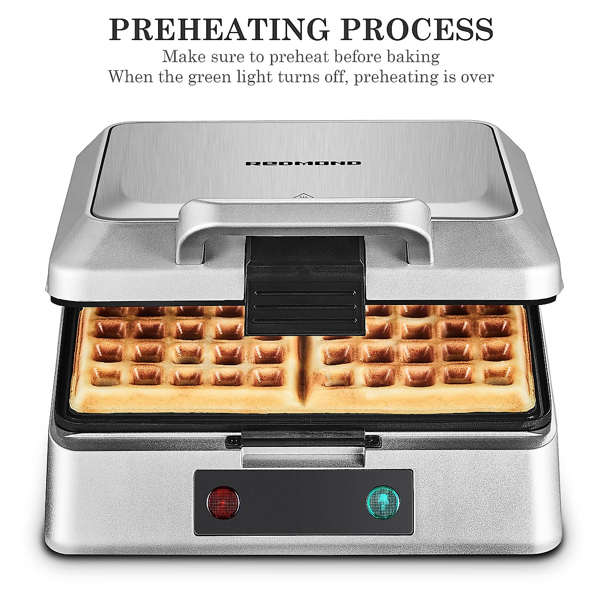 REDMOND Waffle Maker, Nonstick 4 Slice Square Waffle Iron, Compact Classic Stainless Steel Waffle Maker for Family Use Breakfast, 1300W, Silver