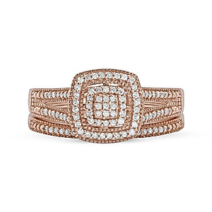 DZON Sterling Silver with Rose Gold Plating 1/4CT TDW Round Diamond Split Shank Cushion Cluster Halo Wedding Ring Sets Love Gift for Women (I-J,I2)