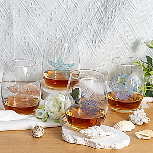 Ocean Themed Stemless Wine Glasses, Set of 4 Seashore Glassware - Sea Turtle, Starfish, Seashell, Conch Shell Assortment, Gifts for Coastal Beach Sea Lovers, Birthday Gifts for Women Mothers Day