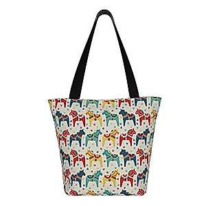 antcreptson Swedish Dala Horses Extra Large Canvas Shoulder Tote Top Storage Handle Bag for Gym Beach Weekender Travel Reusable Grocery Shopping,Black White