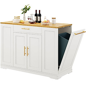 YITAHOME 53 inch Large Rolling Kitchen Island with Trash Can Storage Cabinet, Portable Mobile Islands Table Long Floating Movable w Wheels Cabinet for 13 Gallon Garbage Bin 2 Drawer, White Oak