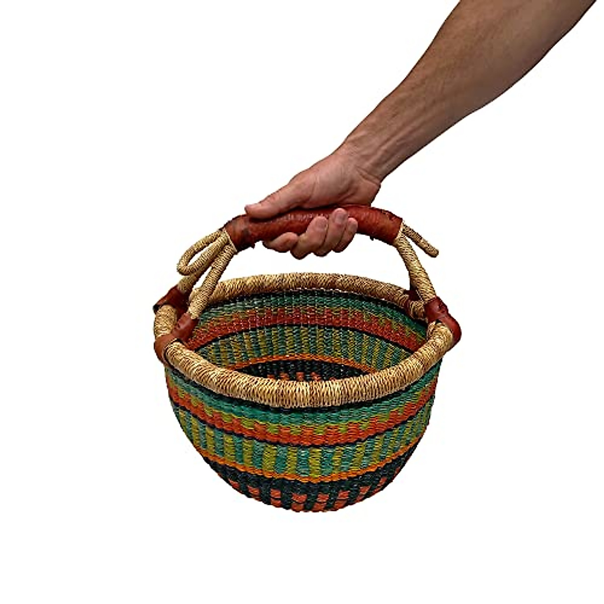 Deluxe Round Colorful African Basket - Medium 14" Round - by market women in Bolgatanga, Ghana with Africa Heartwood Project - GBMRC (Flat-packed)