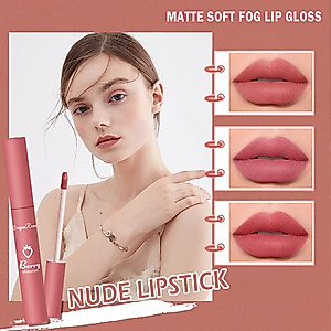 3 PCS Nude Matte Liquid Lipstick Set, Natural Matte Velvet Lip Tint Smooth Crayon Lip Stain, Moisturizing Lip Gloss Long-Lasting Waterproof Non-stick Cup Not Fade Matte Lipstick for Women & Girls (C)