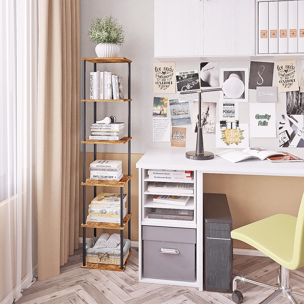 POBOMULI 58" Narrow Bookshelf, 6-Tier Tall Bookcase Small Space, Corner Book Shelf Slim Storage Display Rack Living Room Bedroom Study Office, Rustic Brown