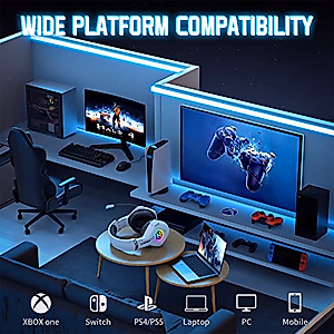 Gaming Headset PS4 Headset, Xbox Headset with 7.1 Surround Sound, Gaming Headphones with Noise Cancelling Flexible Mic RGB Light Memory Earmuffs for PC, PS5, PS4, Xbox Series X/S, Xbox one, Switch