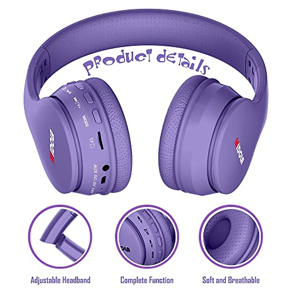 MIDOLA Headphones Bluetooth Wireless Kids Volume Limit 85dB /110dB Over Ear Foldable Noise Protection Headset AUX 3.5mm Cord Mic for Children Boy Girl Travel School Phone Pad Tablet PC Light Purple