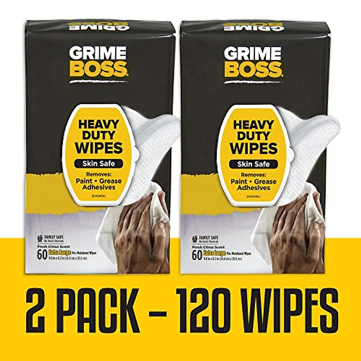 Grime Boss Heavy Duty Wipes (2 X 60Ct) Wet Wipes Used for Hands, Equipment, Tools, Garden, Automotive Easily Removes Oil, Grease, Paint and Dirt
