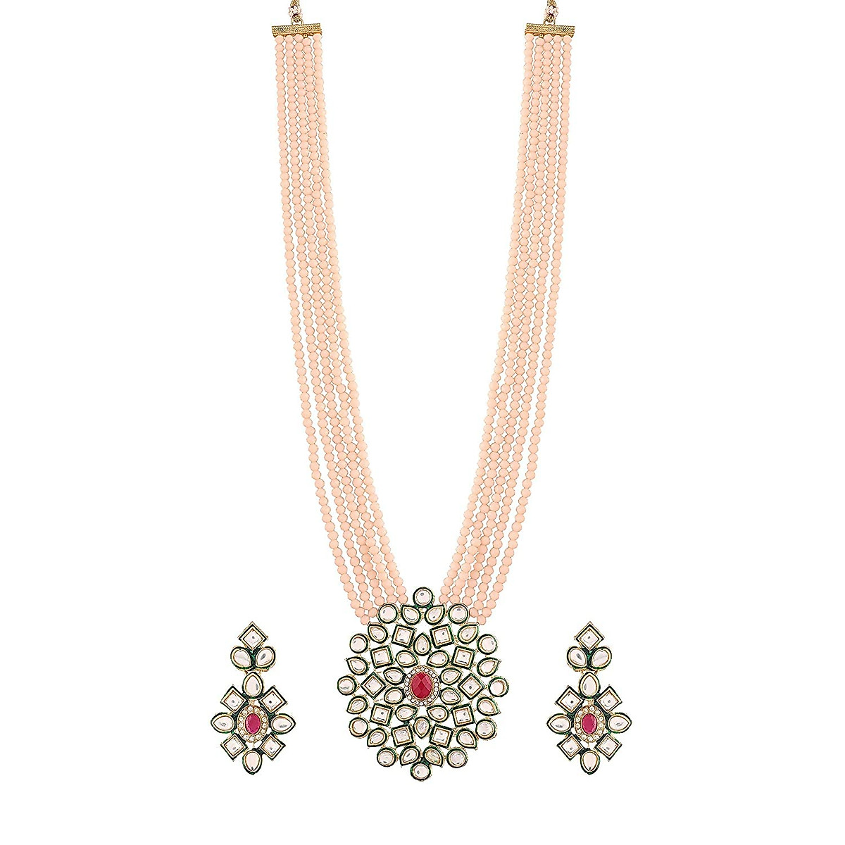 JewarHaat Indian Bollywood Gold-Plated Pearls Studded & Beaded Long Jewellery Set For Women (Kundan Inspired, Peach)
