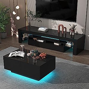 SUSSURRO LED Coffee Table with 4 Storage Sliding Drawers, High Glossy Modern Center Table with 20 Colors LED Lights for Living Room Bedroom,(Style-1 Black)