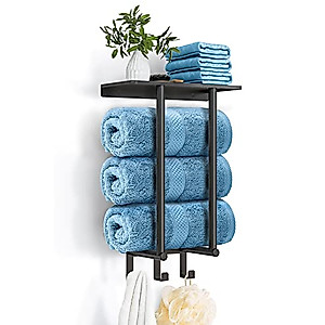 Towel Racks for Bathroom, BETHOM Towel Rack with Metal Shelf and 3 Hooks for Small Bathroom, Towel Storage Wall Can Holds Up to 3 Large Size(63x40 inch) of Rolled Towels, Black