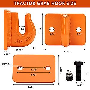 Tractor Bucket Grab Hook(2 Pack),3/8" Bolt On Grab Hook,G70 Grade Forged Steel Tow Hook Mount with Backer Plate Compatible for John-Deere kubota Tractor Bucket (Orange)