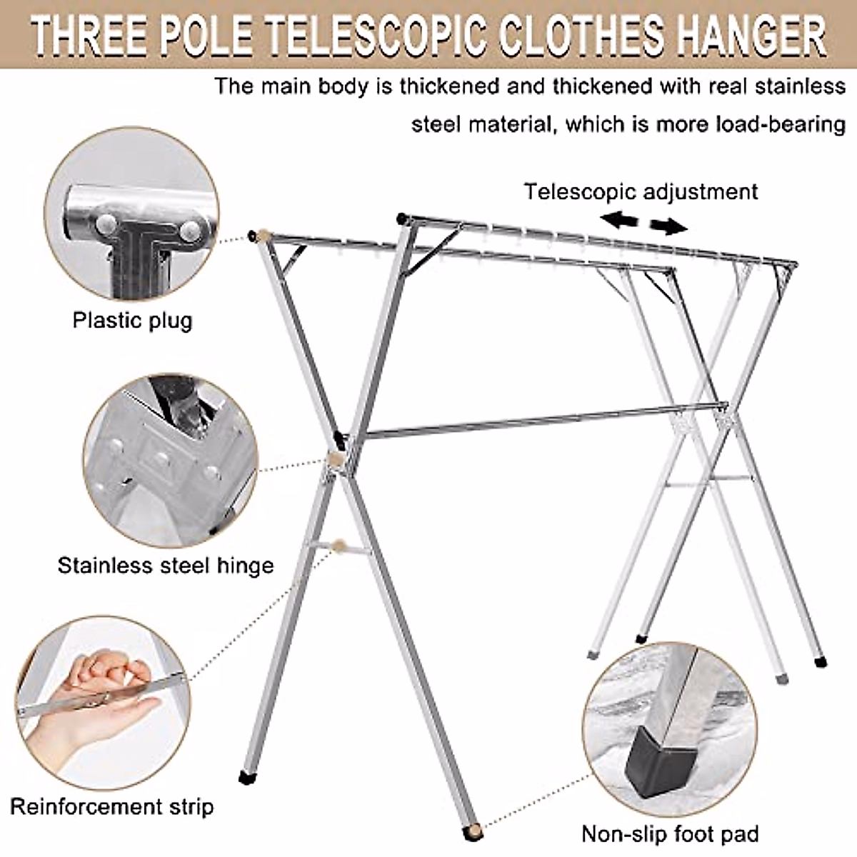 TORIBIO Clothes Drying Rack, 47 Inch Retractable Laundry Drying Rack Folding Indoor Outdoor, Length Adjustable Heavy Duty Stainless Steel Clothing Drying Rack with Windproof Hooks