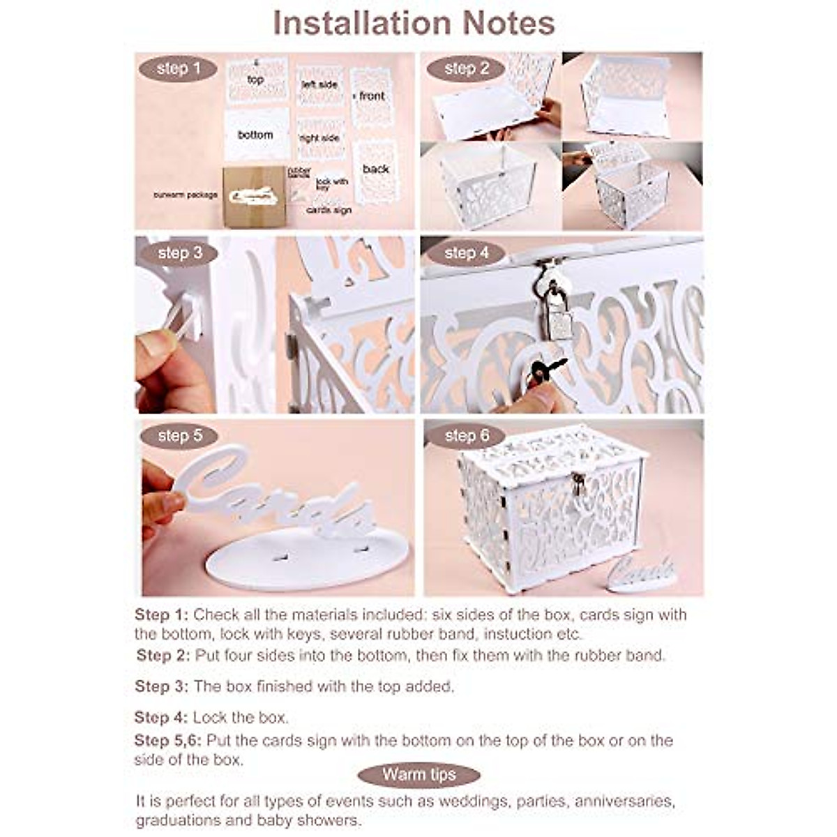 OurWarm DIY White Wedding Card Box with Lock PVC Card Box Graduation Card Box Perfect for Weddings, Baby Showers, Birthdays, Bridal or Baby Showers