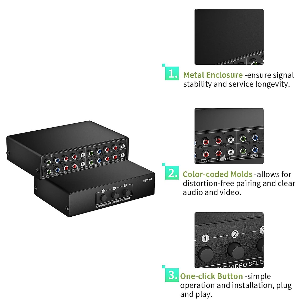 BolAAzuL Component AV Video Switch Box 3 in 1 Out, 3 Port 5 RCA YPbPr Cable RGB Component AV Switcher Selector Converter 3-Way Plug & Play for Retro Gaming PS2 Wii Xbox DVD Player TV
