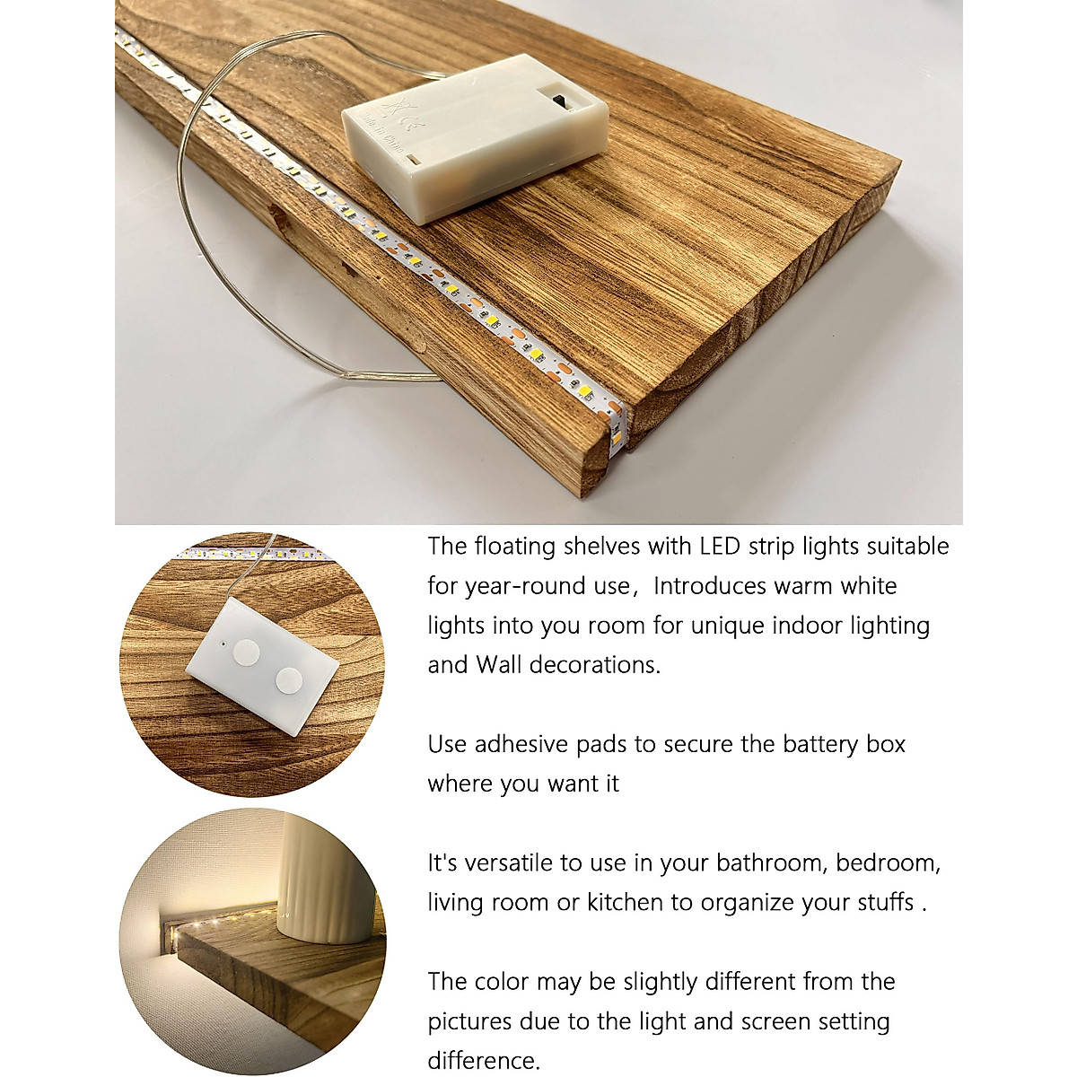 Floating Shelves for Wall Decor Wood Wall Mounted Shelves with LED Lights Set of 2, Sturdy Rustic Wood Shelves Farmhouse Shelf Hanging for Bedroom, Bathroom, Living Room, Kitchen (Battery powwer)