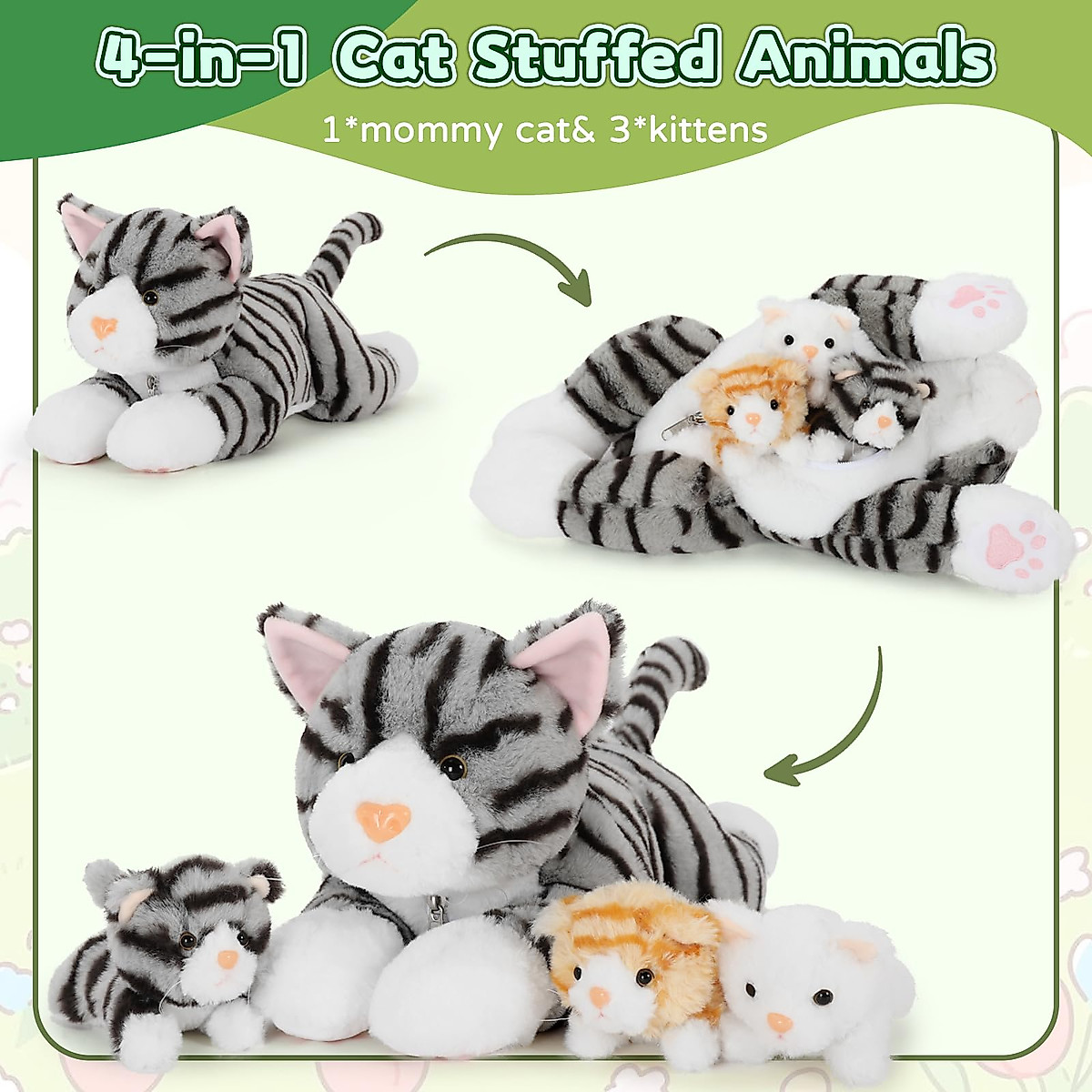 Muiteiur 4 Piece Cat Plush Set, Mom Cat Stuffed Animal with 3 Baby Stuffed Kittens in Zipper Pouch, Cute Stuffed Cat for Kids Girls Boys, Great Gift for Valentines Birthday (Grey,15.7inch)