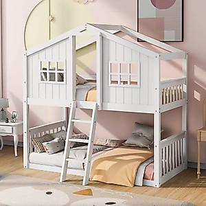 Harper & Bright Designs House Bunk Beds, Twin Over Twin Bunk Bed with Roof, Ladder and Windows, Floor Bunk Bed, Low Bunk Loft Bed for Kids Teens Boys & Girls, White