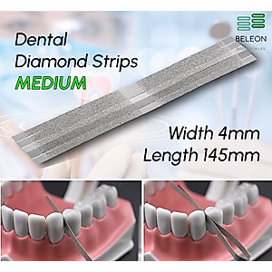 BELEON Dental Diamond Strips - Medium 5pcs 4mm x 145mm - Dental Stainless Steel Strips Abrasive for Contouring Teeth Sanding Strip Gross Reduction Polishing Teeth File Grinding Tooth Polisher