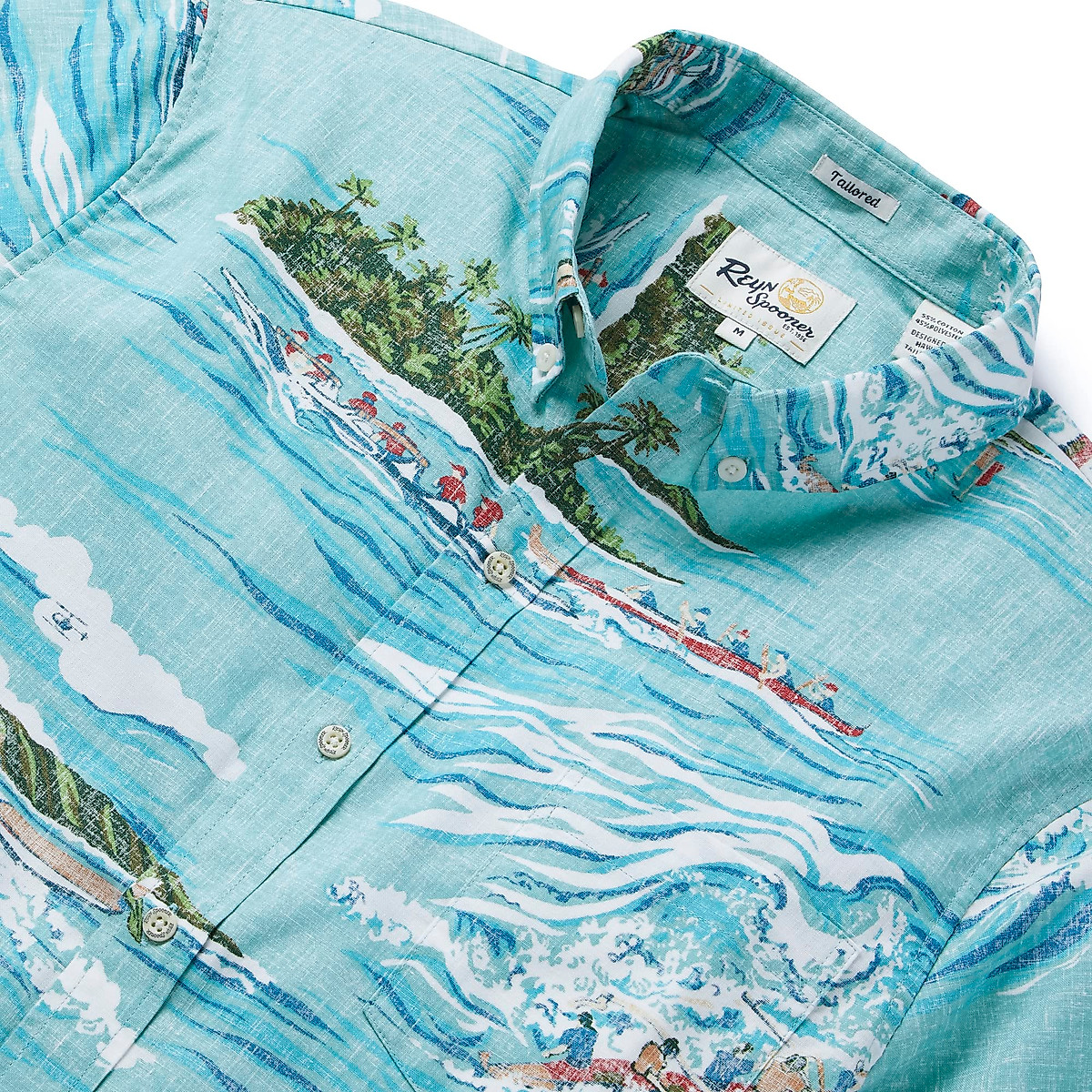 Reyn Spooner Men's Heihei Wa'a Tailored Button Front Oceanic Hawaiian Aloha Shirt, Turq Sea, XL