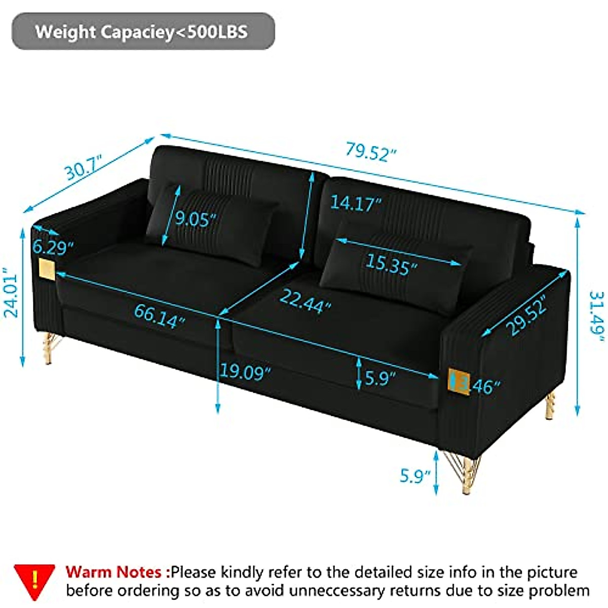 Betoko Velvet Upholstered Sofas Couches for Living Room Modern Channel Tufted Small 3 Seater Sofa Couch with Golden Metal Legs for Bedroom Office and Small Spaces (Black)