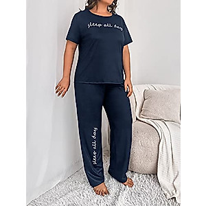 Floerns Women's Plus Size Pajamas Graphic Print Short Sleeve Tee with Pants Pj Set Navy Blue 5XL