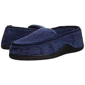 isotoner Men's Terry Moccasin Slipper with Memory Foam for Indoor/Outdoor Comfort, Navy, Large