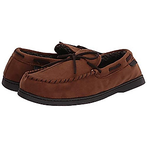 Dearfoams Men's Microsuede Moccasin with Tie Slipper, Chestnut, Medium