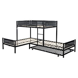 L-Shape Triple Bunk Bed with Trundle, Metal 3 Bed Bunk Beds with for Kids, Twin Size Corner Bunk Bed Frame with Wood Slats Support for 4 Teens, Textilene Guardrails, Black