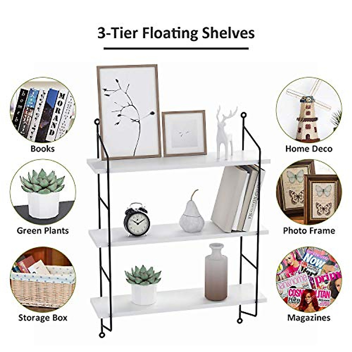 3 Tier White Wall Shelf, Bathroom Shelves Wall Mounted Industrial Floating Shelves Hanging Storage Rack Wall Rack Holder Rack For Bedroom