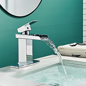 Mosson Waterfall Brass Bathroom Faucet Single Handle 1 or 3 Hole Bathroom Sink Faucet Chrome Washbasin Faucet with Deck and Water Supply Hoses