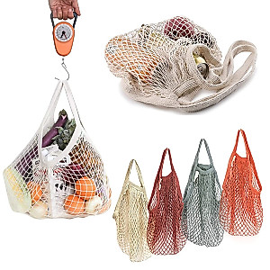 ECYC 1 Pcs Cotton Mesh Grocery Bag, Reusable Long Handle Mesh Bags Cotton String Bags Mesh Shopping Bag Net Tote Bag for Fruit Vegetable,L,Orange