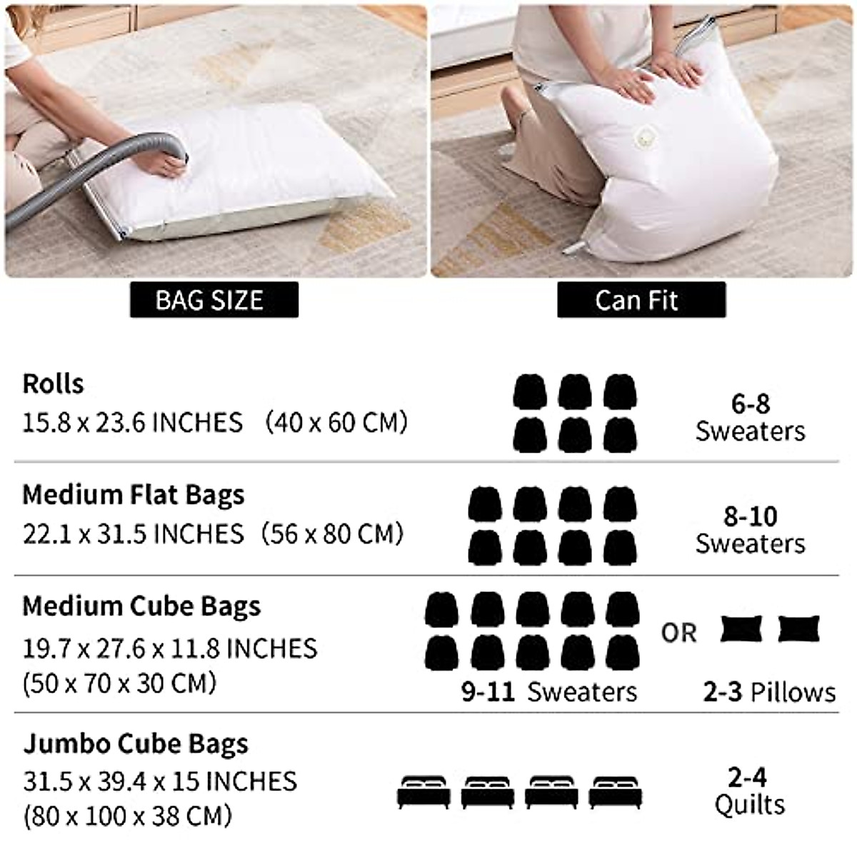 CLEVHOM Vacuum Storage Bags Combo 12 Pack, Vatiety Space Saver Bags for Clothes Beddings Comforters Blankets Quilts Duvets Coat Jacket Sweater, Vacuum Sealer Bags Save 80% Space for Closet Organizers and Storage