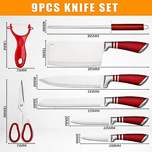 Kitchen Knife Set, 9-Piece Red Knife Set with Acrylic Block, Non Stick Sharp High Carbon Stainless Steel Chef Knife Set with Sharpener for Kitchen Cutting Kitchen Gifts for Women