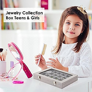 Fixwal Earring Jewelry Box 24 Grid Velvet Jewelry Tray for Drawers Glass Clear Lid Showcase Display Storage Ring Trays Earring Holder Organizer Case(Grey)