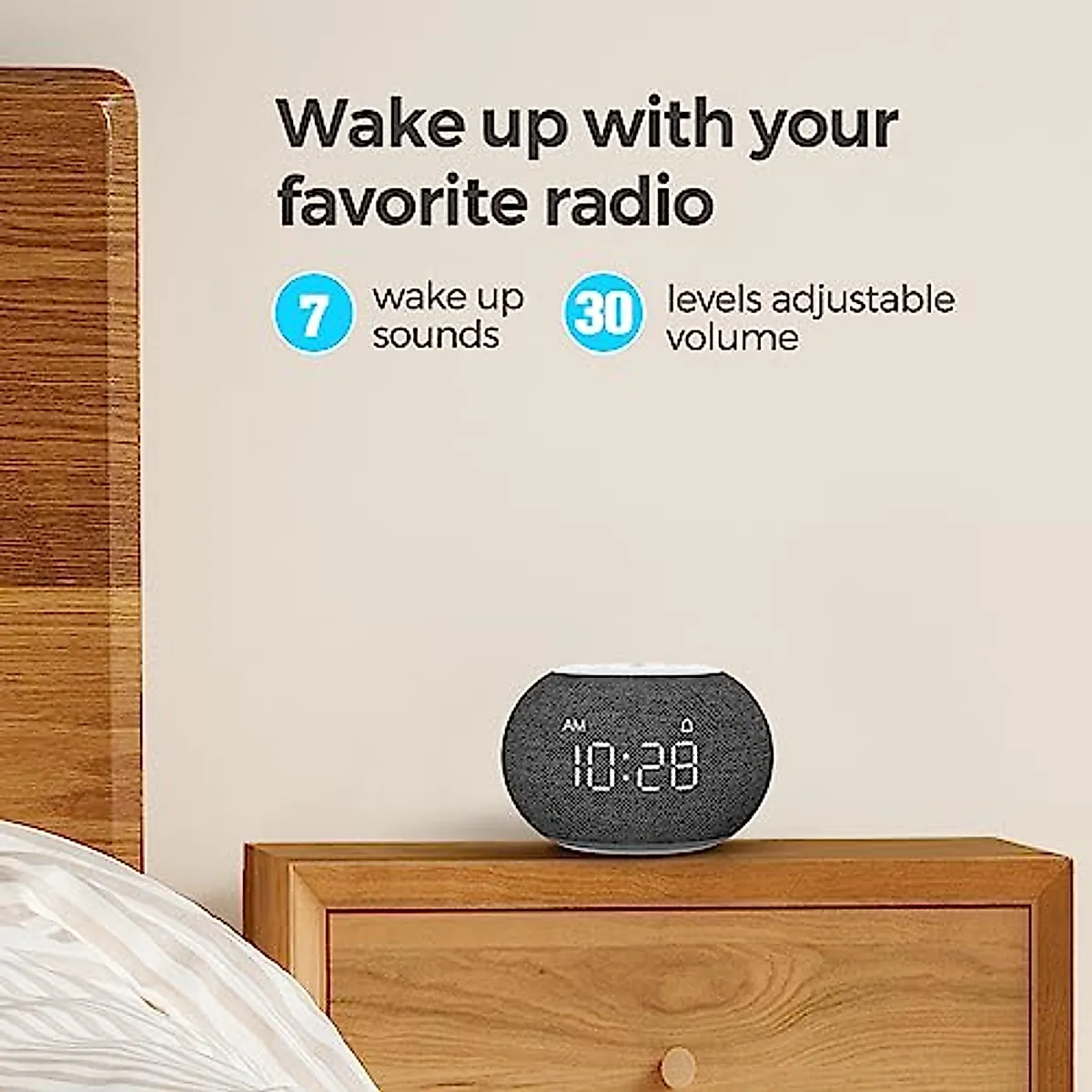 REACHER Auto Dimmable Alarm Clock Radio for Bedrooms, Improved Reception FM Radio, 9 Color Night Light, 0-100% Dimmer, 7 Wake Up Sounds, Sleep Timer, Small Digital Clock for Bedside
