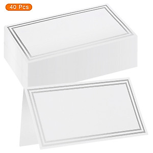 MECCANIXITY 40pcs Place Cards, Line Border Printable Place Name Cards for Table Setting Wedding Dinner Parties Events Reserved Seating, White Silver Double Line