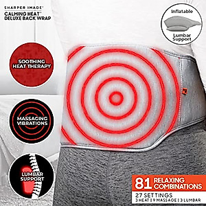Calming Heat Back Wrap Deluxe by Sharper Image- Electric Back Heating Pad with Customizable Inflatable Lumbar Support, Soothing Heat, & Massaging Vibrations- 27 Settings 3 Heat, 9 Vibration, 3 Lumbar